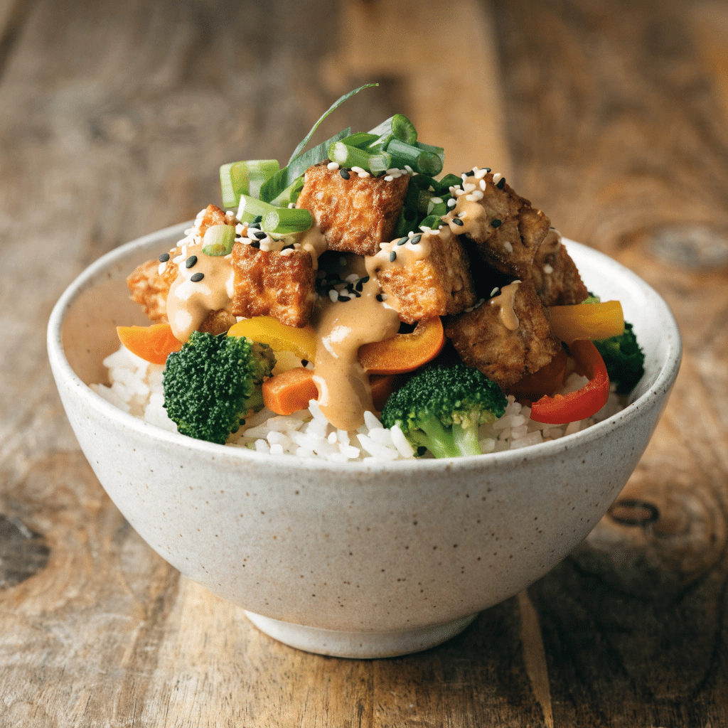 Vegan Crispy Tofu Rice Bowl Recipe